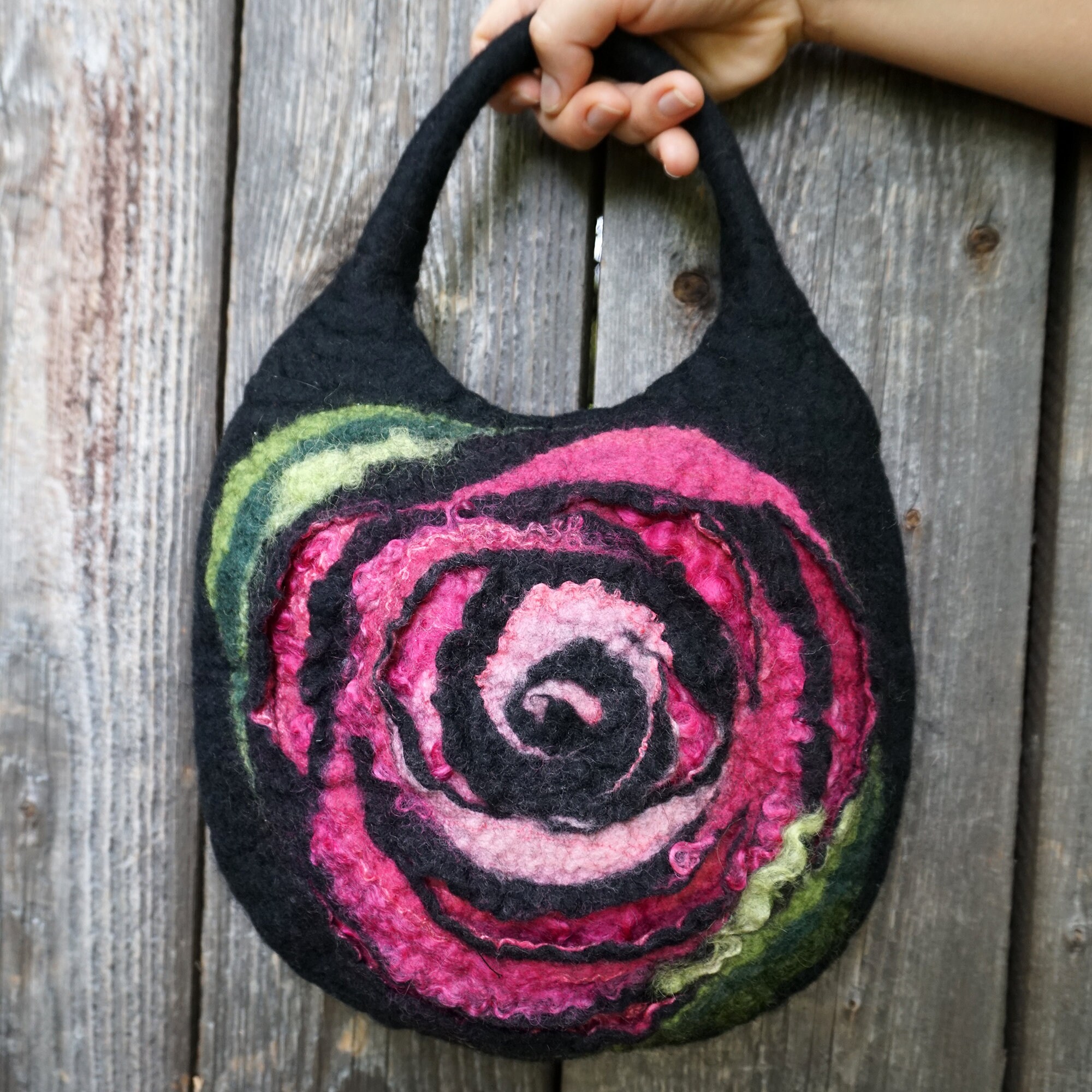 Small Felt Hand Bag, Felted Bag With a 3D Rose Flower, Hand-held Purse ...
