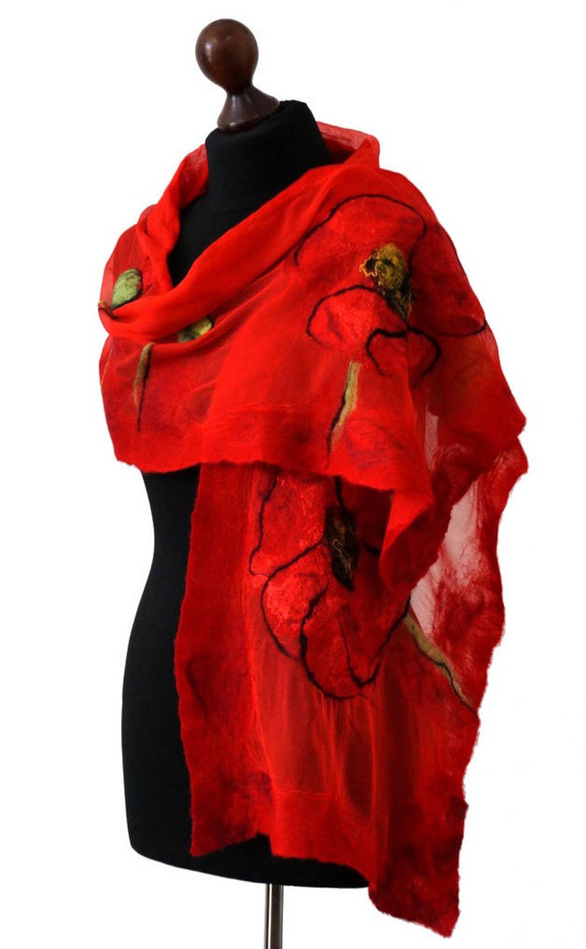 Felted Scarf, Silk Felt Shawl With Poppies, Nuno Felt Scarf, Felted ...