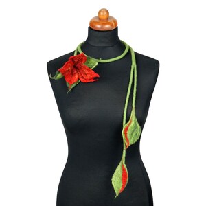 Red and Green Felt Necklace, Felt Necklace With Duble Flower, Lariat ...