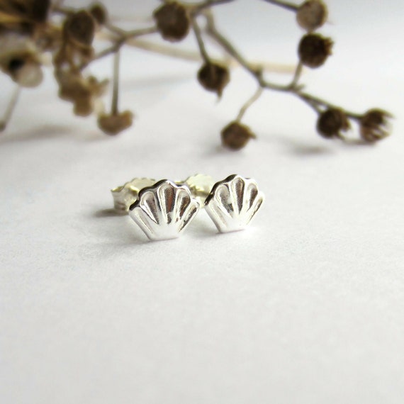 Tiny Fine Silver Seashell Earrings Dainty Silver Sea Shell | Etsy