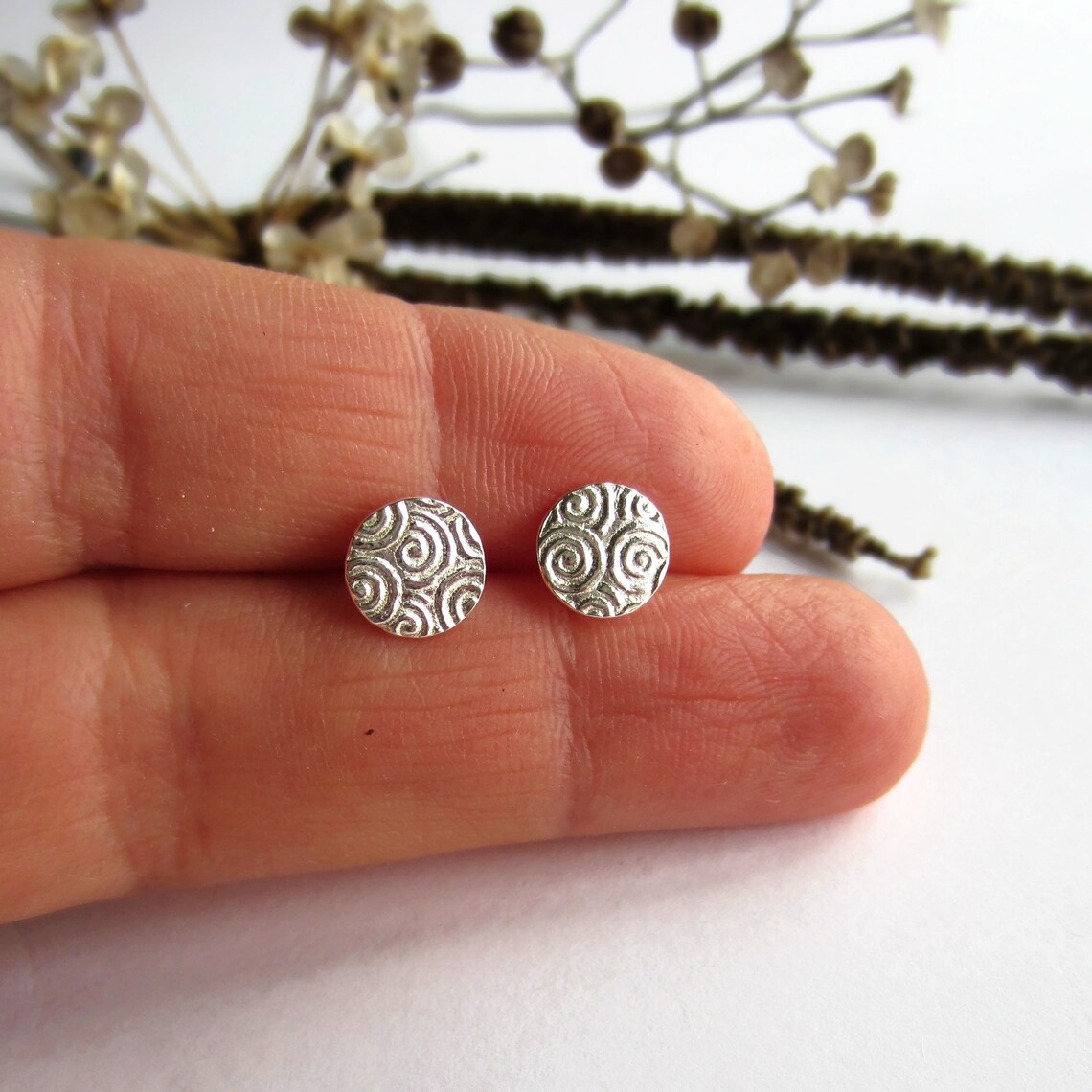 Fine Silver Spiral Pattern Studs Textured Disc Earrings - Etsy UK