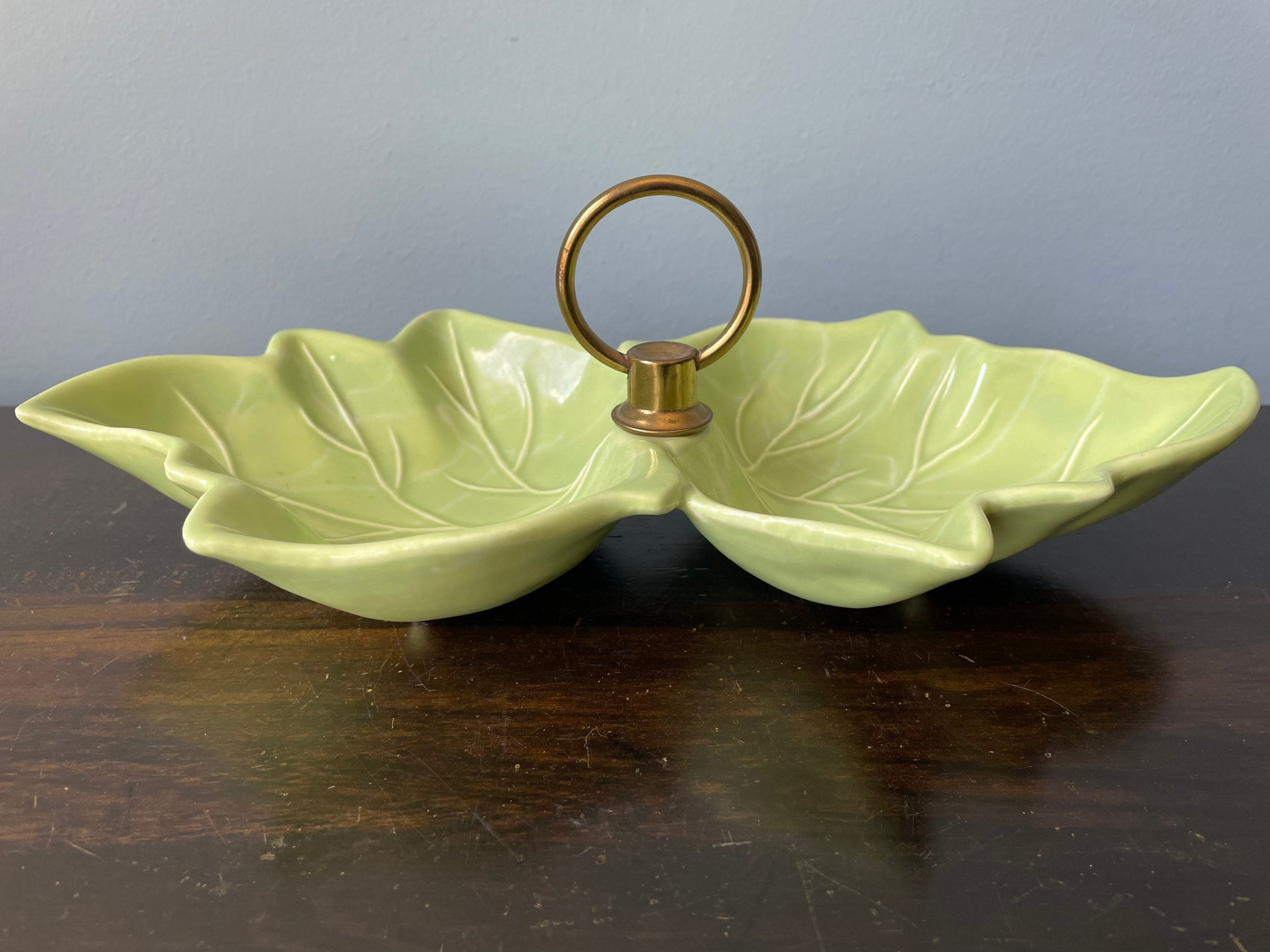 Vintage USA Pottery Divided Dish Leaf Leaves Candy Nut Dish Handle ...