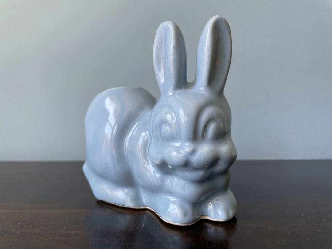 Vintage Pottery Bunny Rabbit Planter Cotton Ball Dispenser Blue Ceramic ...