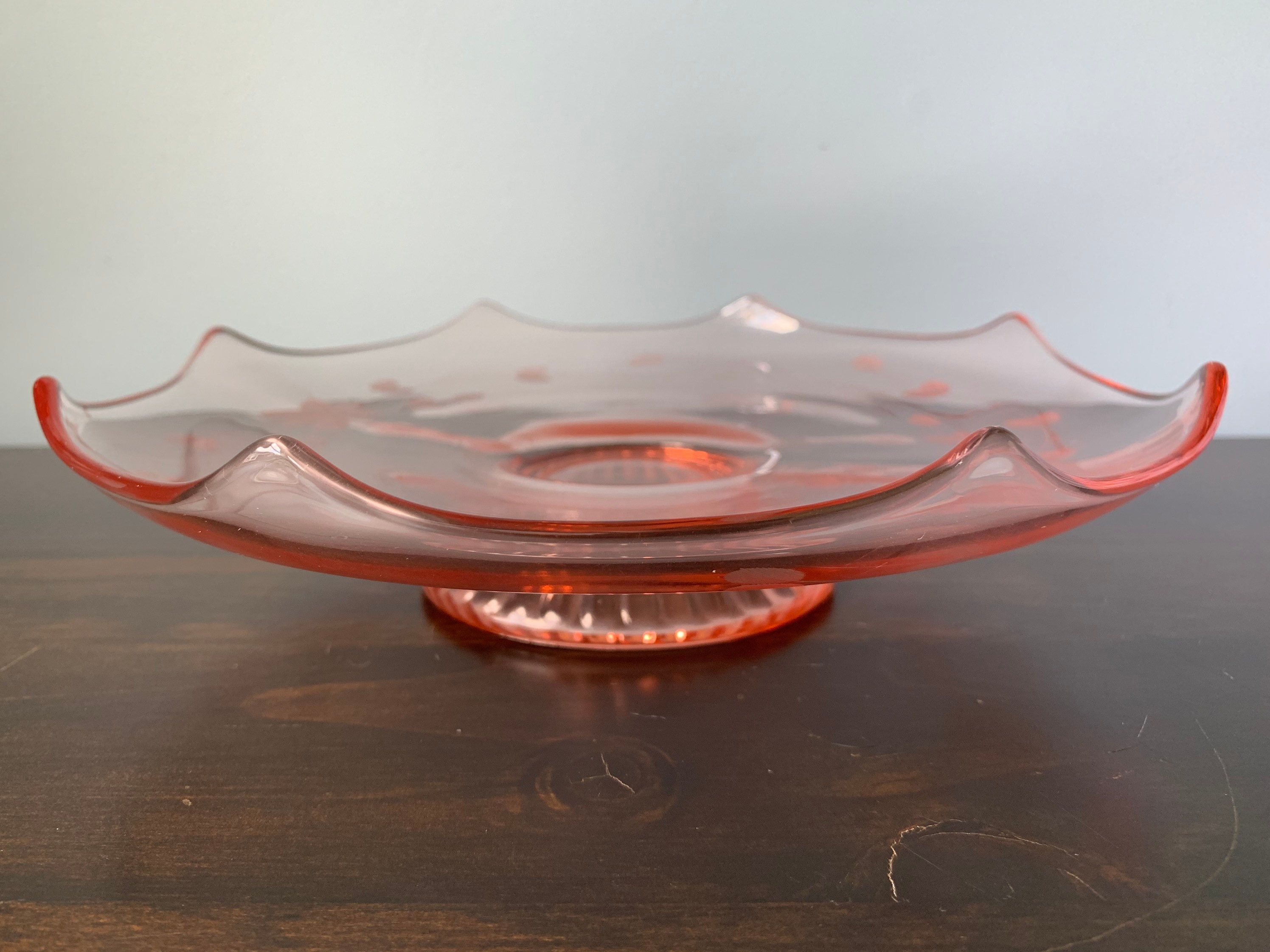 Vintage Pink Glass Plate Dish Bowl Etched Footed Floral Flower - Etsy