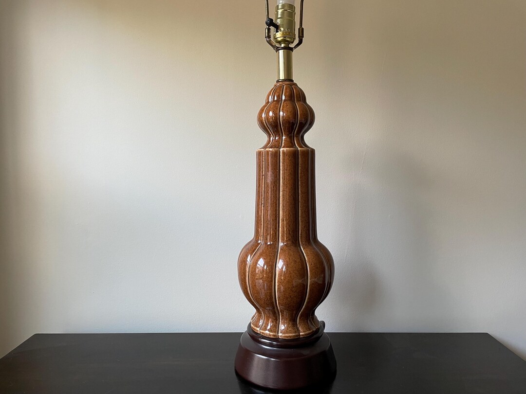 Mid Century Table Lamp Fluted Lobed Ceramic Pottery Brown Flecked ...