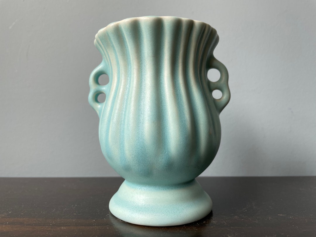 Vintage Monmouth Pottery Vase Loop Handles Double Handles Aqua Matte ...
