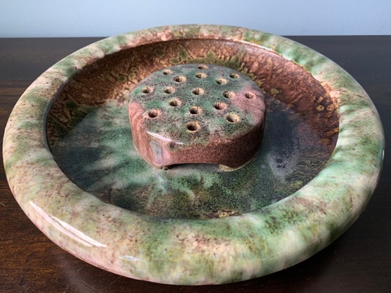 Peters and Reed Pottery Bulb Planter Flower Frog Green Brown | Etsy