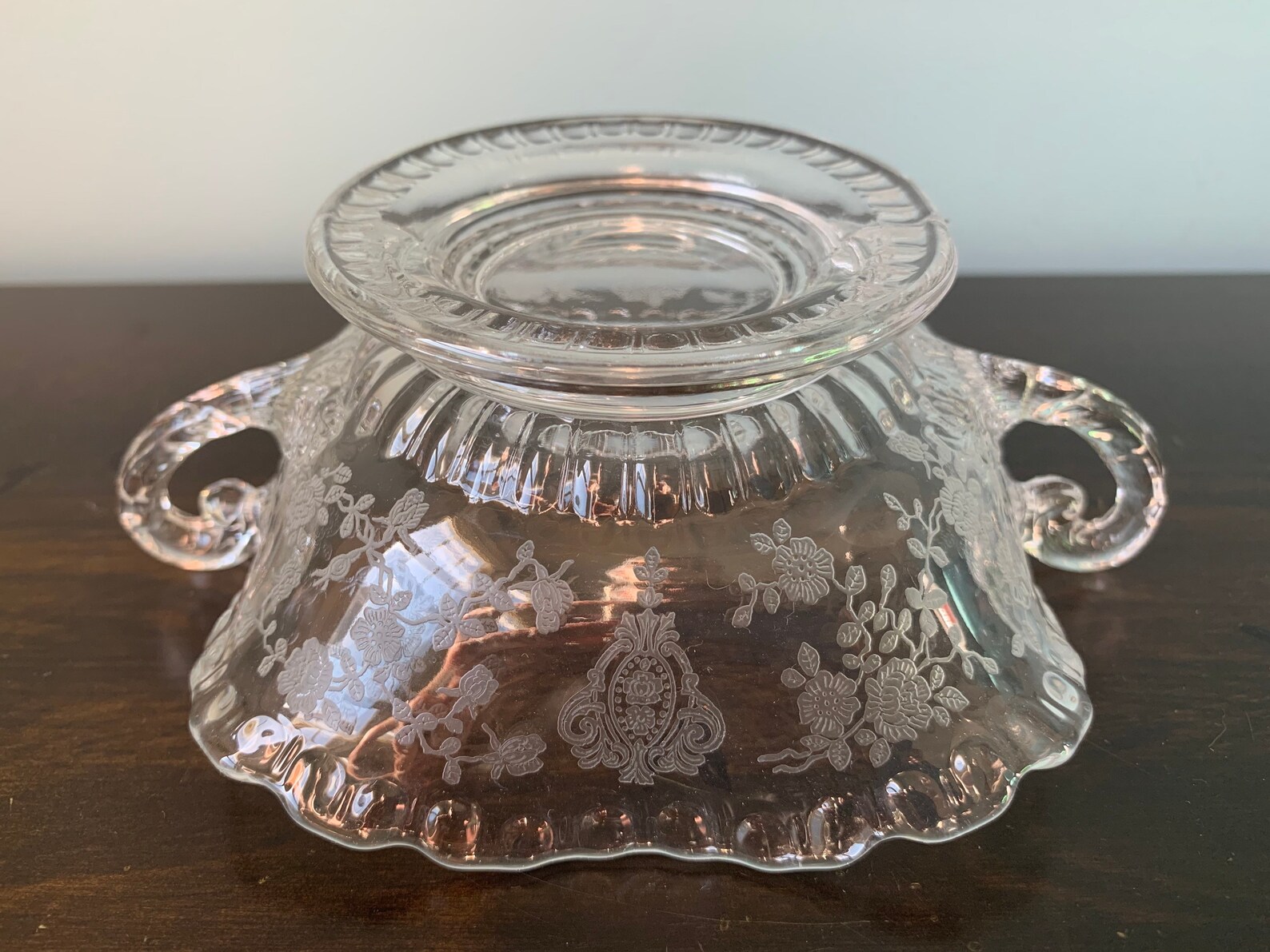 Handled Open Candy Dish Clear Rose Point by Cambridge | Etsy