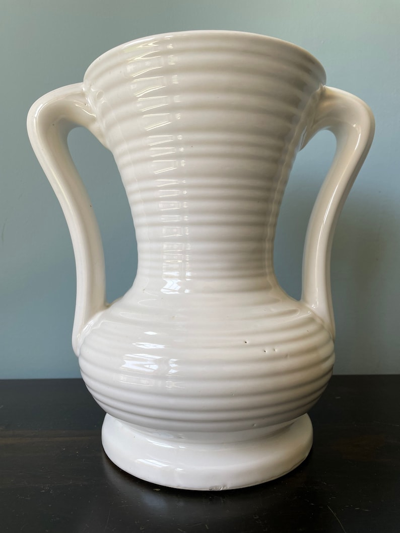 Vintage Haeger Pottery Urn Vase Ringed Banded Two Handled White Gloss ...