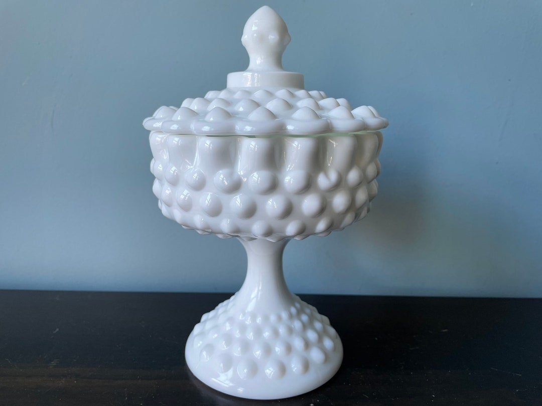 Vintage Fenton Hobnail Covered Candy Dish Milk Glass Hobnail Pedestal ...