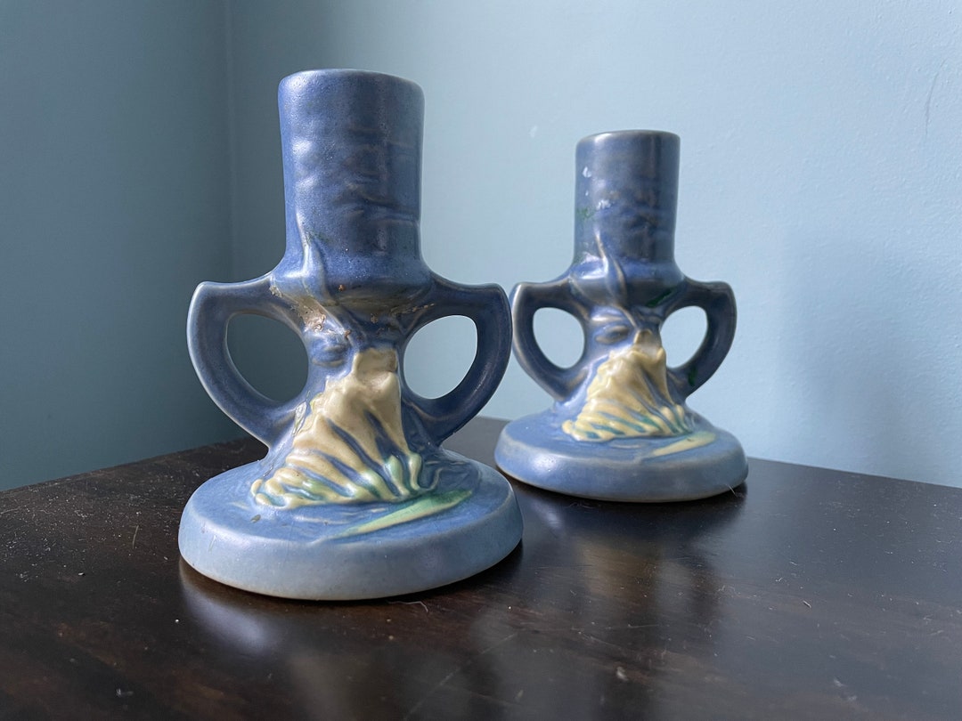 Vintage Roseville Pottery Freesia Blue Candlestick Holders Roseville ...