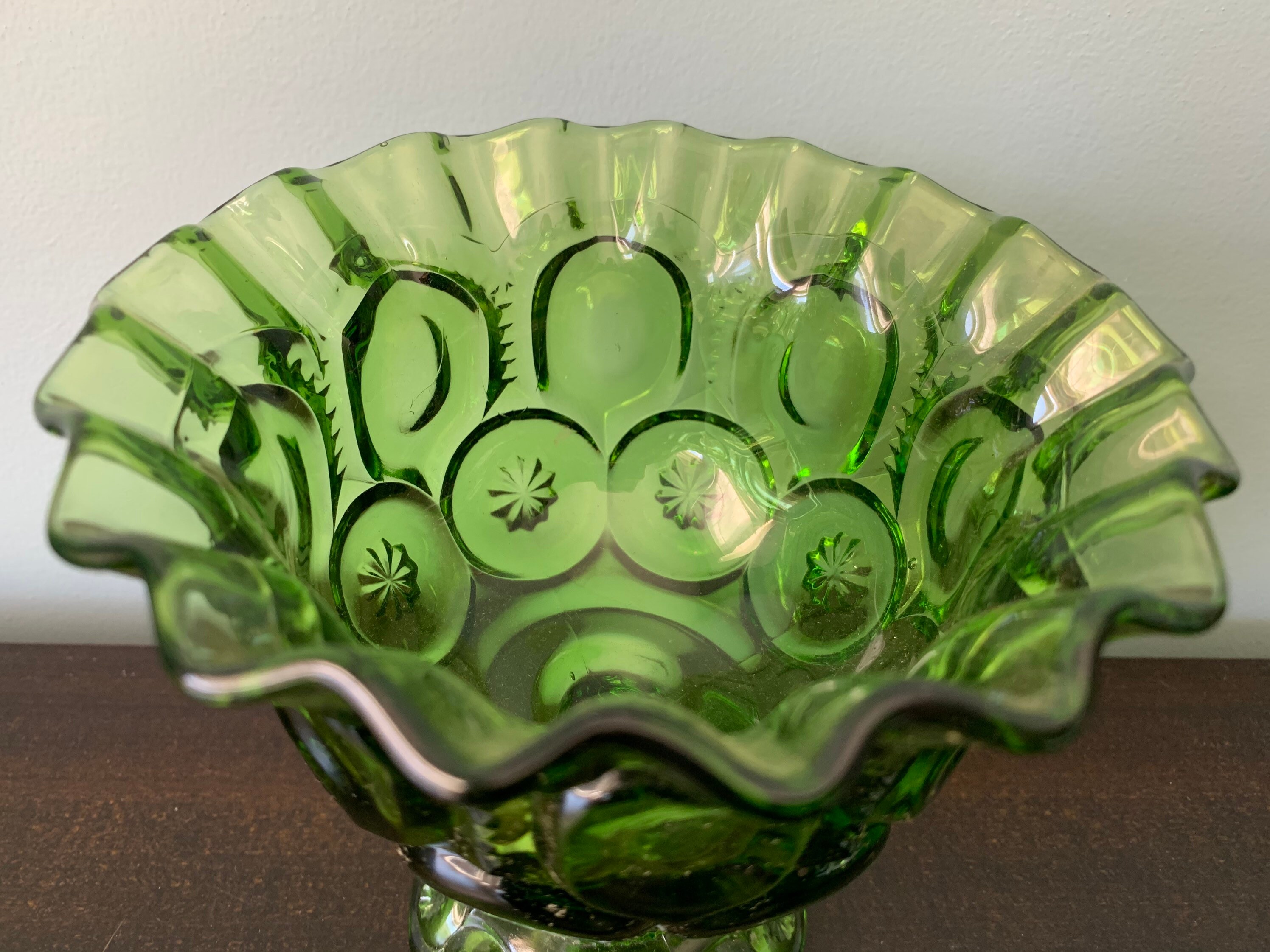 L E Smith Moon and Star Crimped Rim Candy Dish Compote Green - Etsy