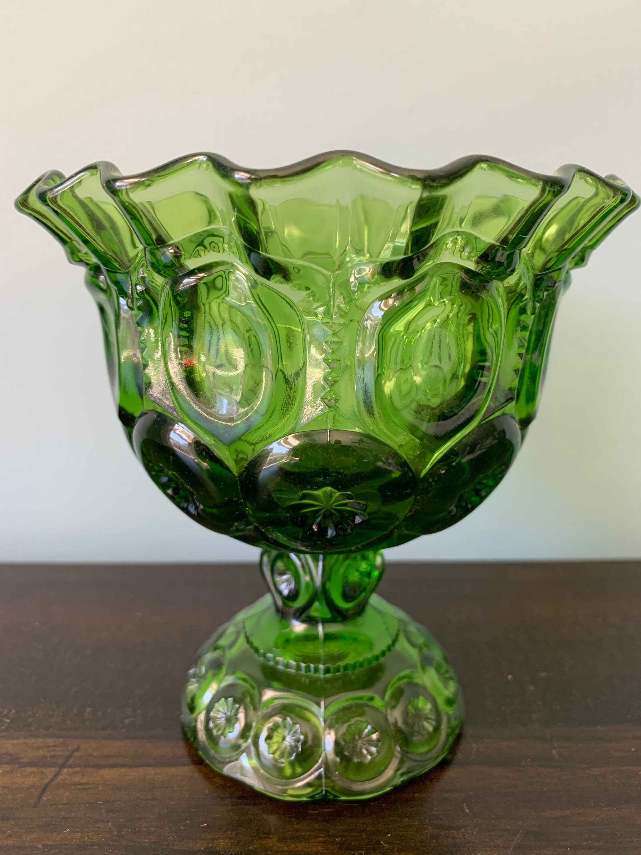 L E Smith Moon and Star Crimped Rim Candy Dish Compote Green - Etsy