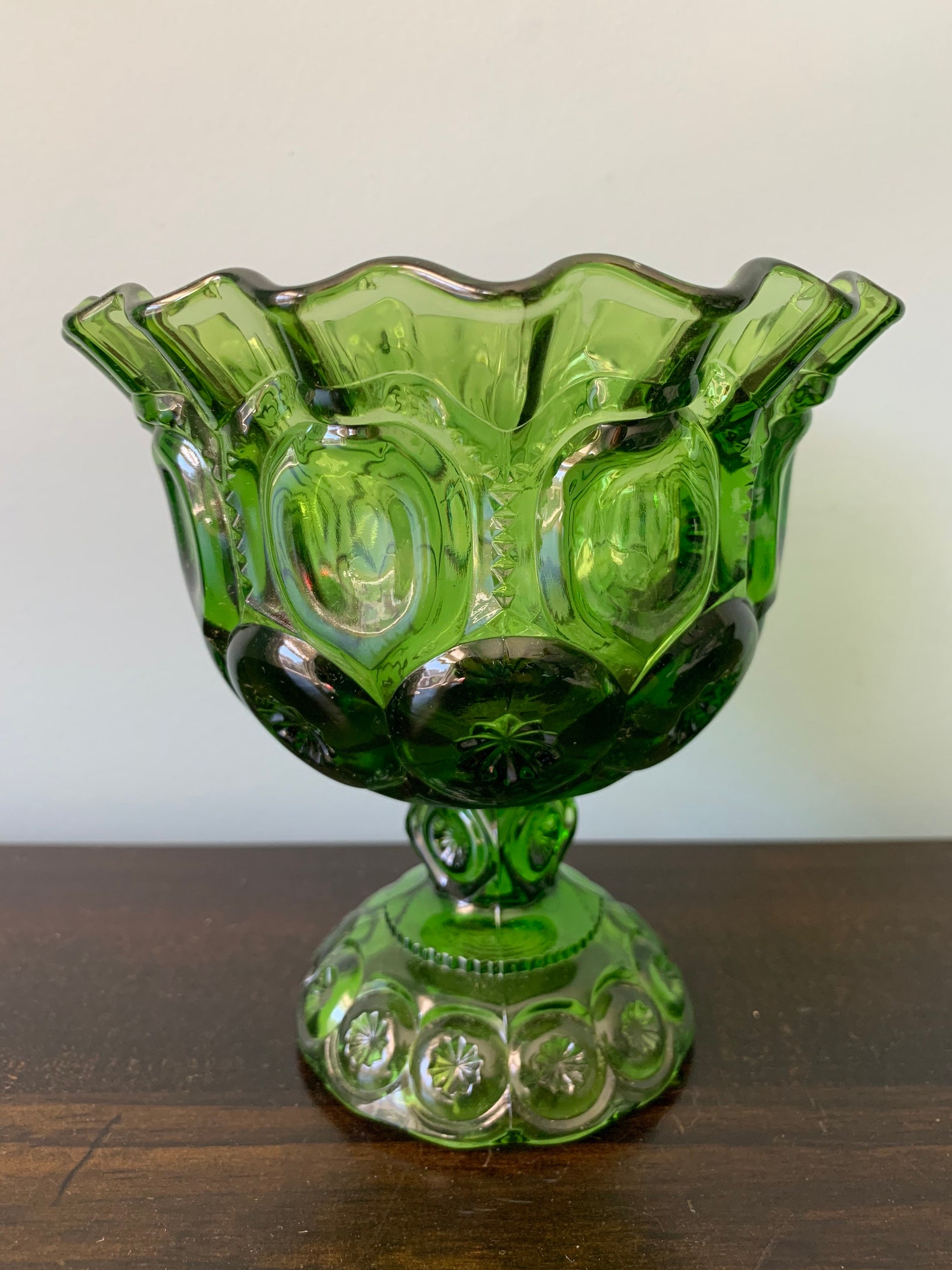 L E Smith Moon and Star Crimped Rim Candy Dish Compote Green - Etsy