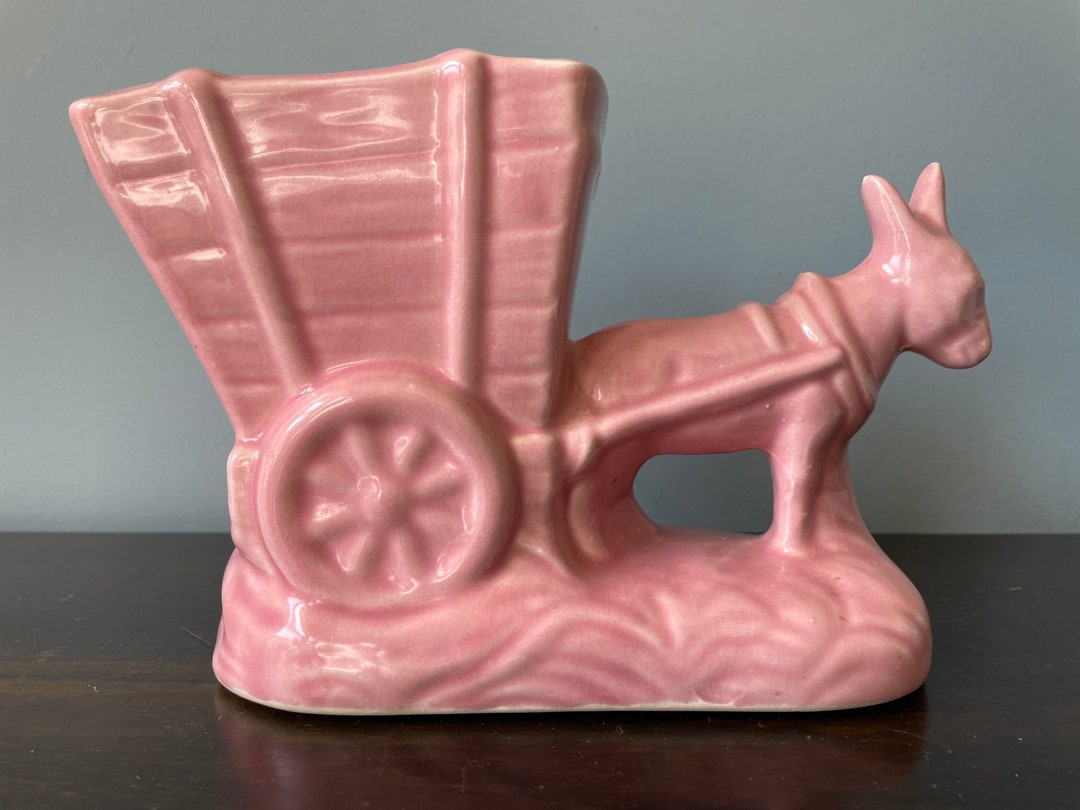 Vintage Cameron Clay Pottery Ceramic Burro Donkey Mule Pulling Cart ...