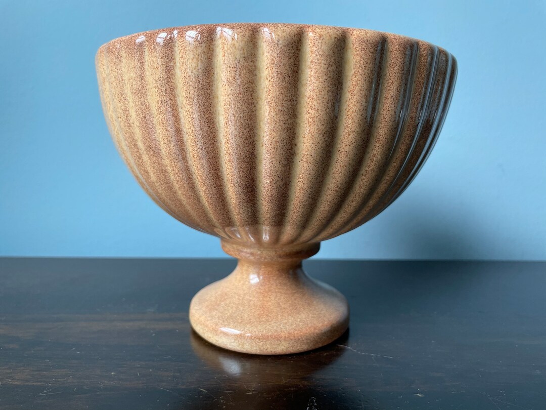 Vintage Haeger Pottery Planter Vase Round Ribbed Footed Pedestal Brown ...