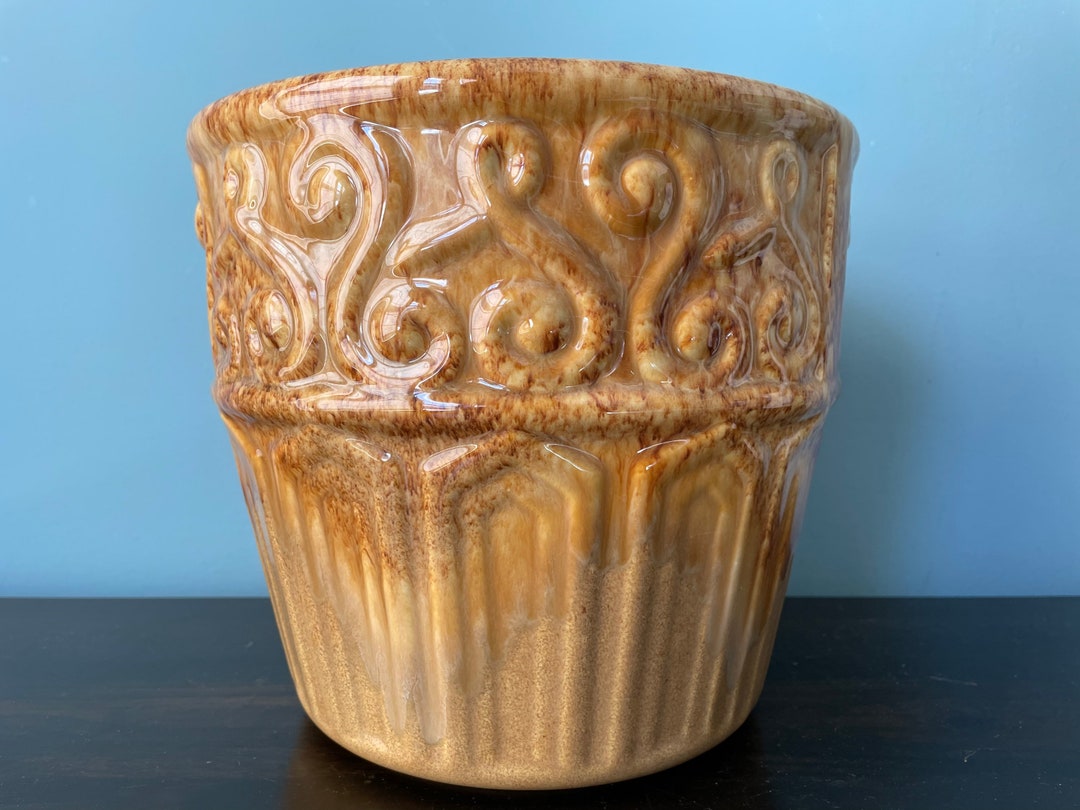 Vintage Royal Haeger Jardiniere Scrolls Planter Flower Pot Brown Gold ...