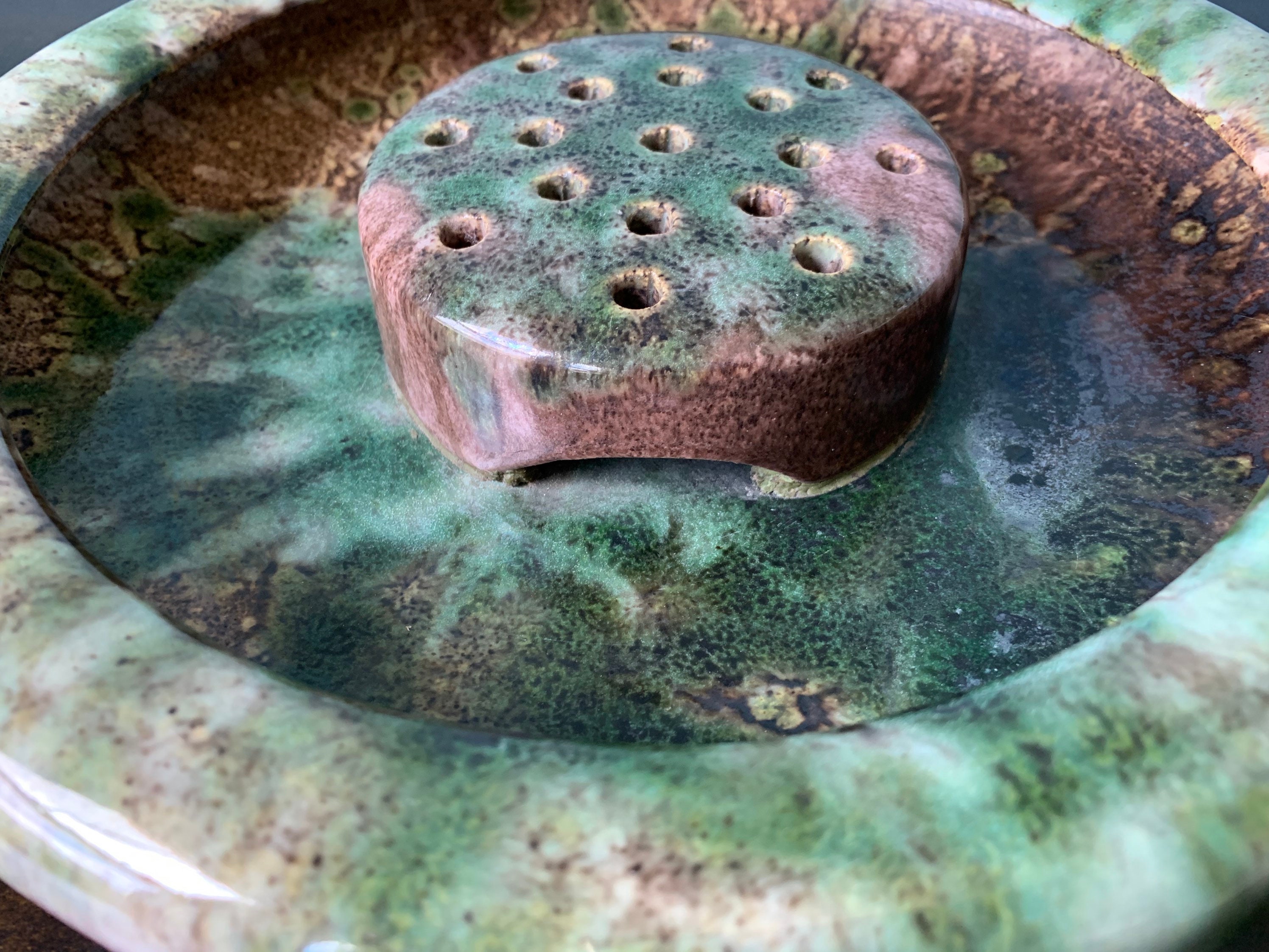 Peters and Reed Pottery Bulb Planter Flower Frog Green Brown | Etsy