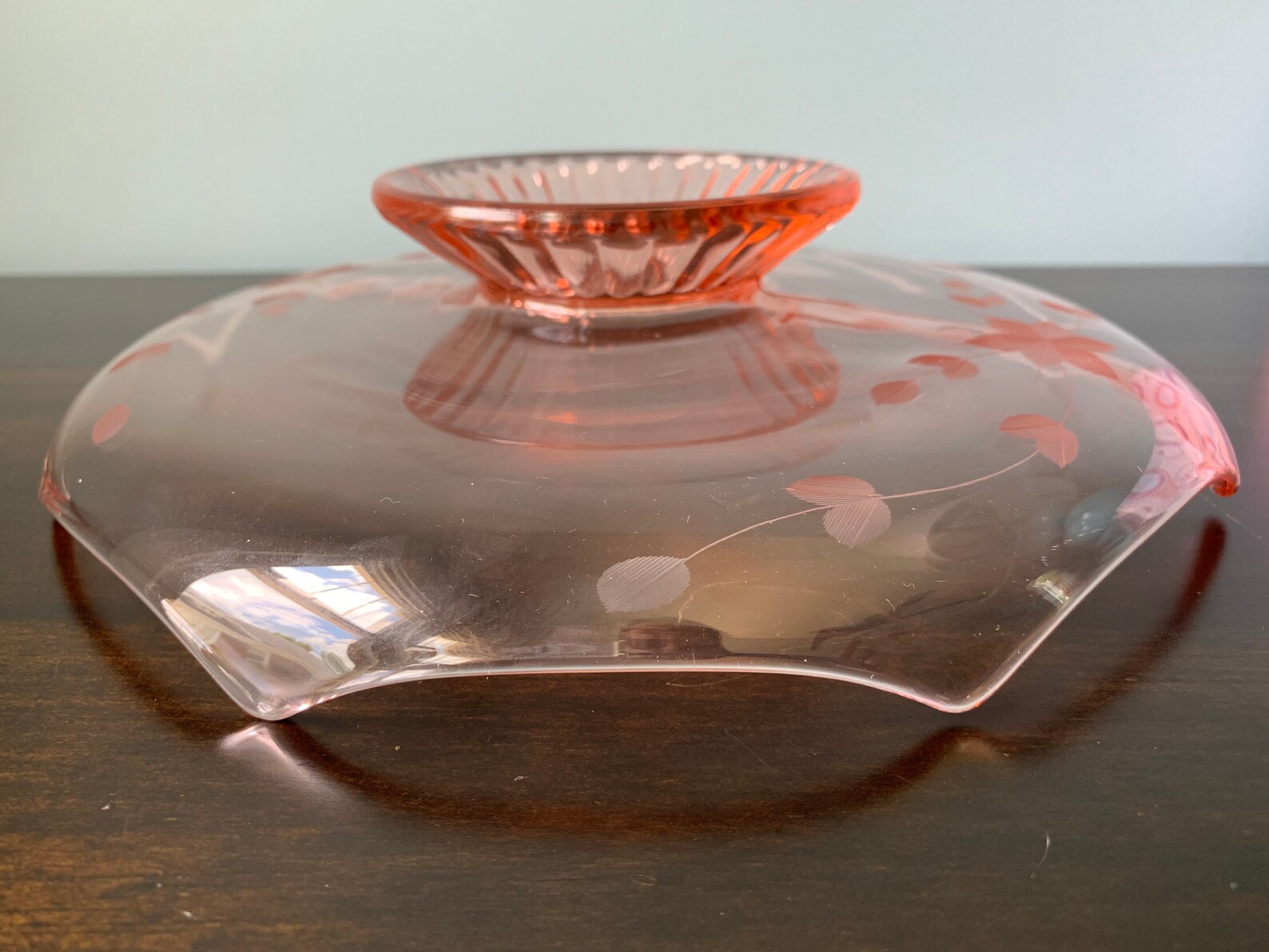 Vintage Pink Glass Plate Dish Bowl Etched Footed Floral Flower - Etsy