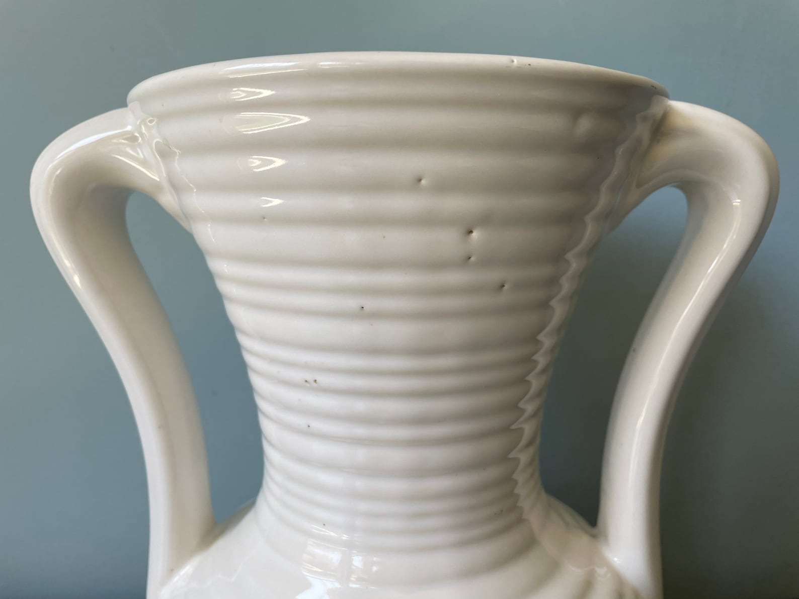 Vintage Haeger Pottery Urn Vase Ringed Banded Two Handled White Gloss ...