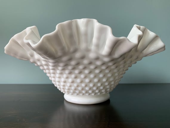 Vintage Fenton White Milk Glass Hobnail Bowl Ruffled Crimped | Etsy