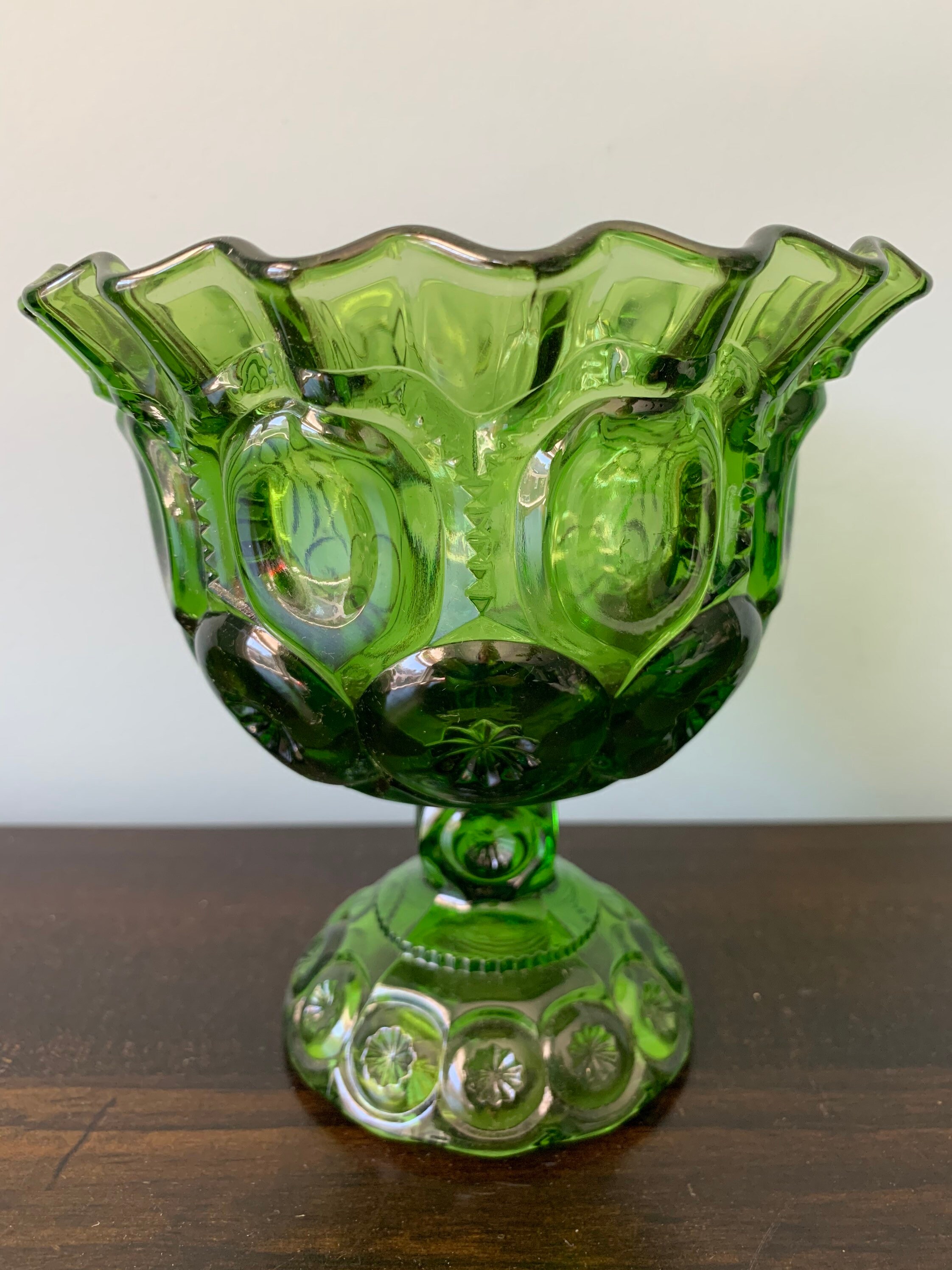 L E Smith Moon and Star Crimped Rim Candy Dish Compote Green - Etsy