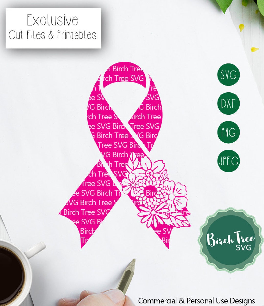 Floral Cancer Ribbon Svg, Pink Ribbon Svg, Cancer Svg, Pink Ribbon With ...