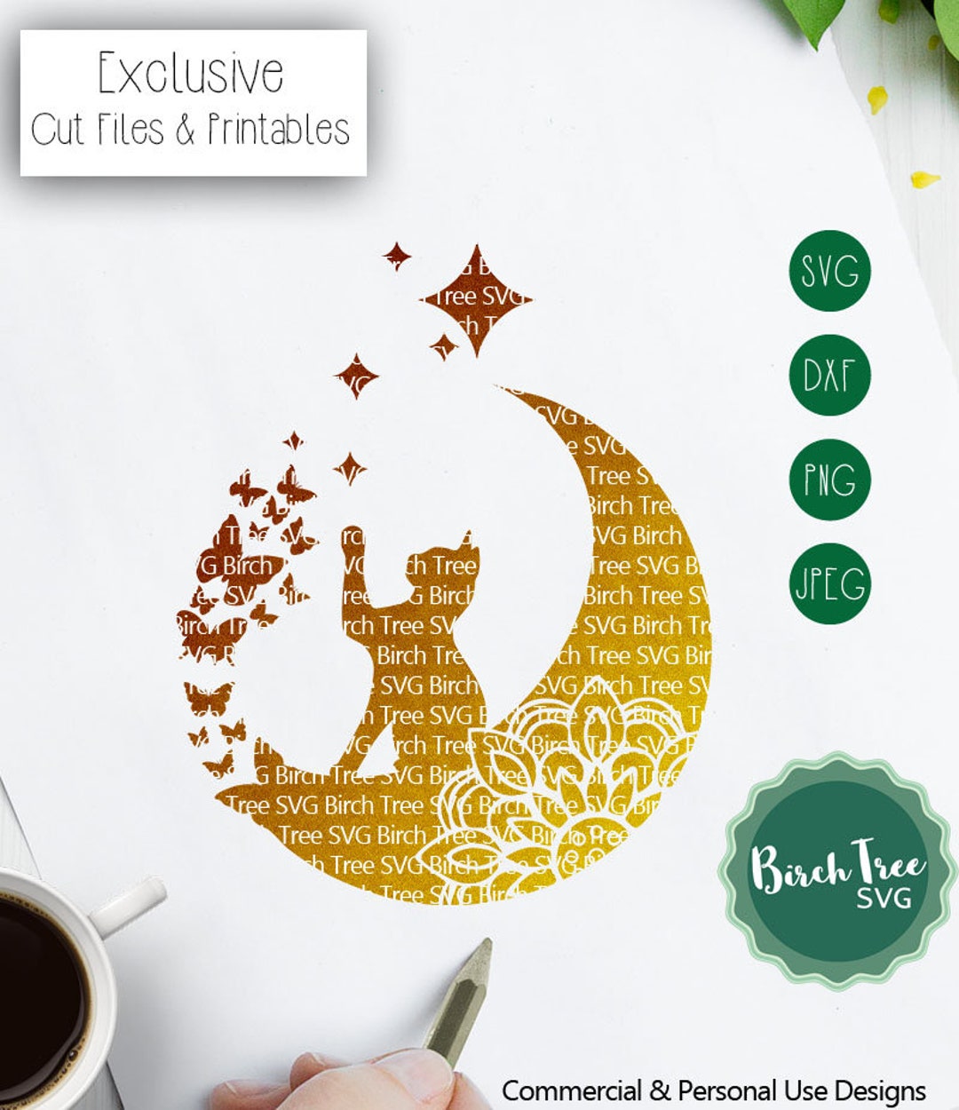 Cat and Moon Mandala SVG Cut File, Butterflies Svg Mandala Moon SVG ...