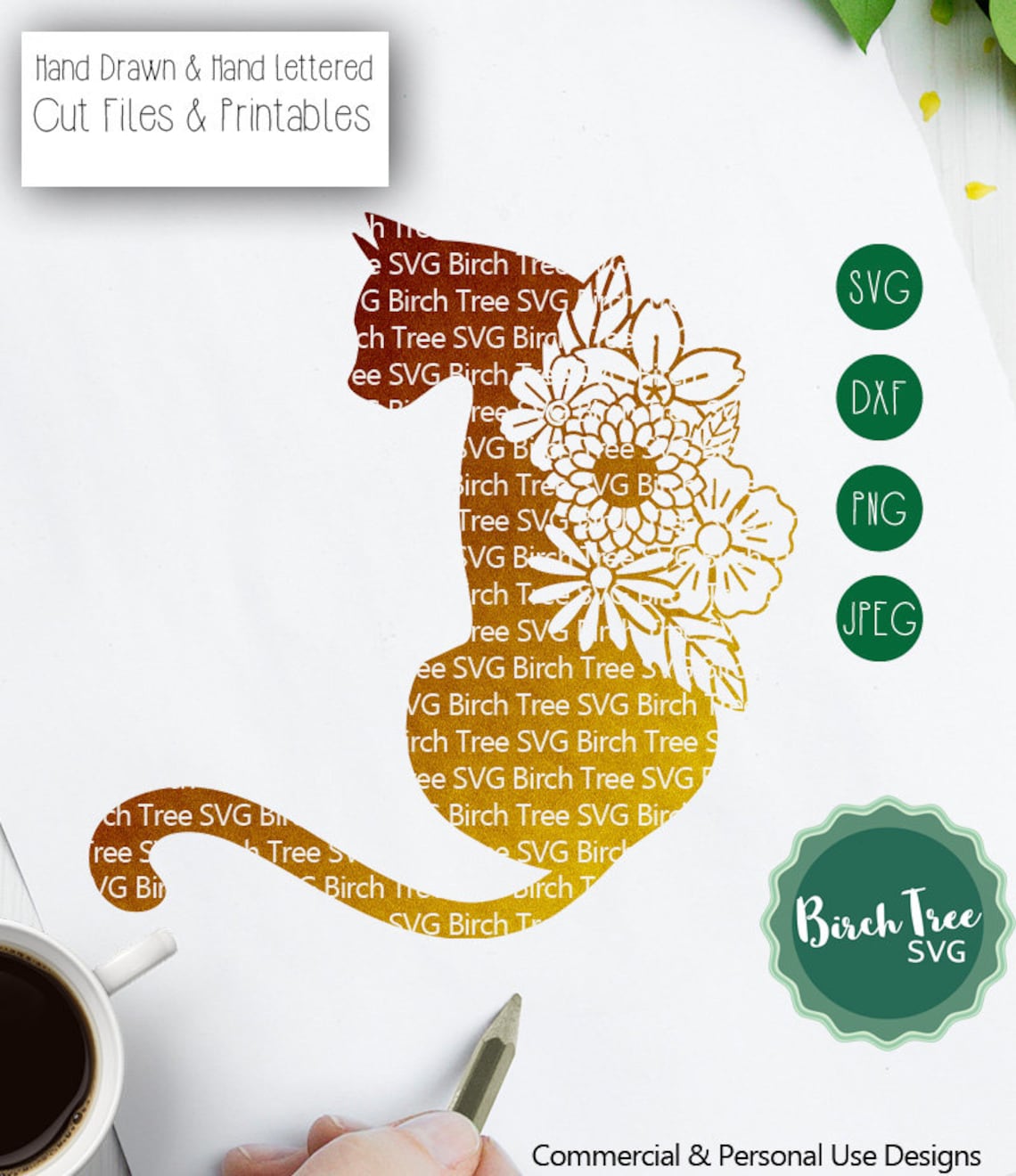Floral Cat Svg Cut File Cat Svg Cat and Flowers SVG Cat - Etsy