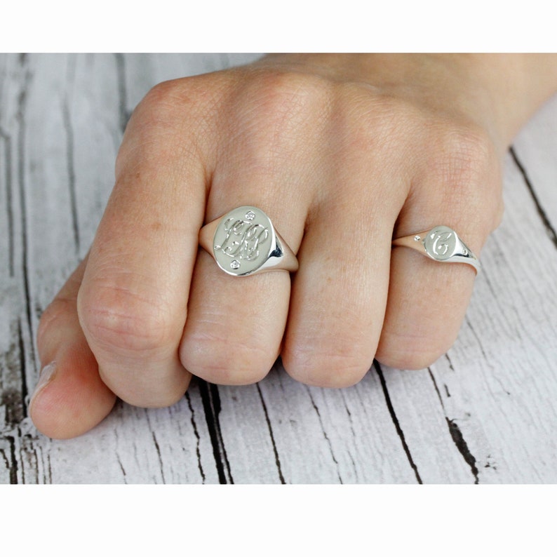 Initials & Diamonds Signet Ring Silver Engraved Ring | Etsy