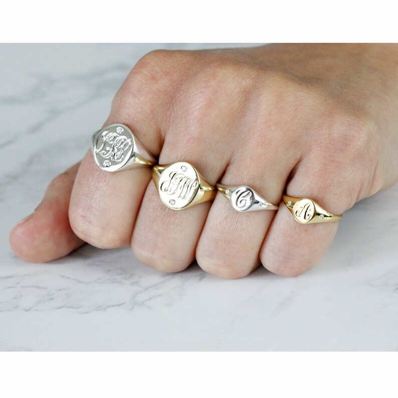 Initials & Diamonds Signet Ring Solid Gold Signet Ring - Etsy
