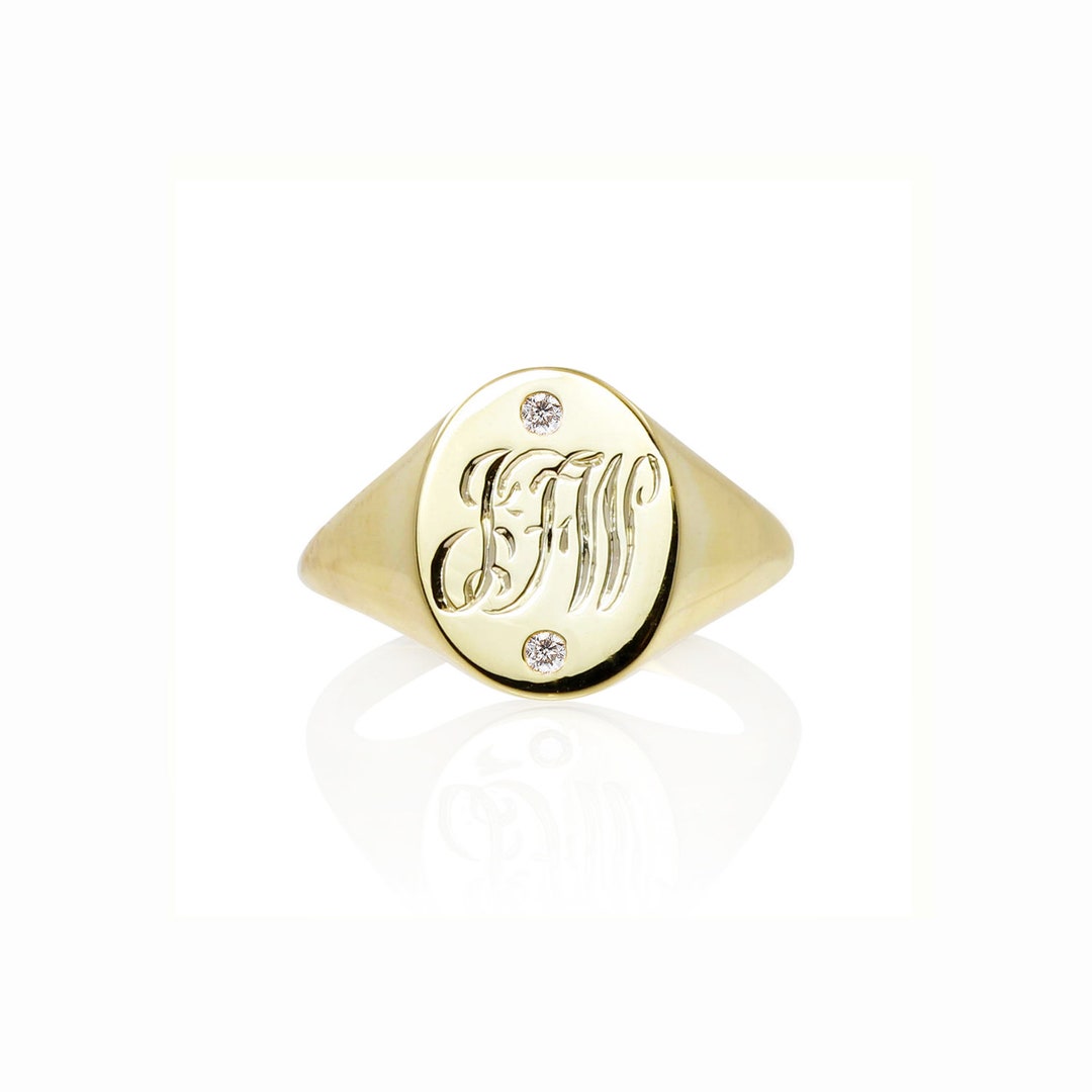 Initials & Diamonds Signet Ring Solid Gold Signet Ring Monogram Ring Initial Ring Diamond Signet ...