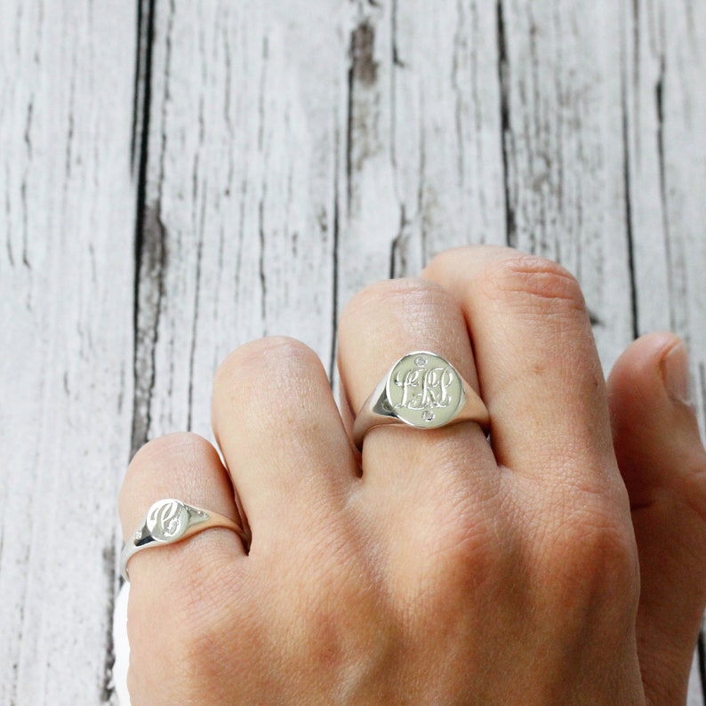 Initials & Diamonds Signet Ring Silver Engraved Ring | Etsy