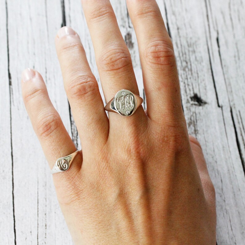 Initials & Diamonds Signet Ring Silver Engraved Ring | Etsy