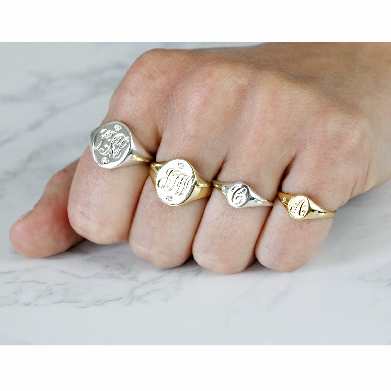 Initials & Diamonds Signet Ring Silver Engraved Ring | Etsy