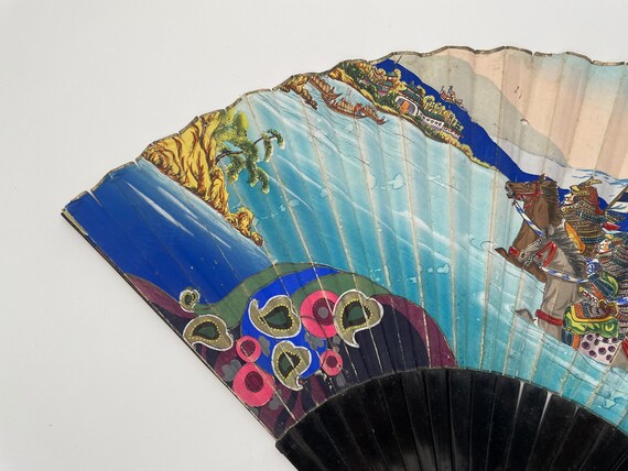 Vintage Japanese Hand Fan , Hand Painted Samurai Warr… - Gem