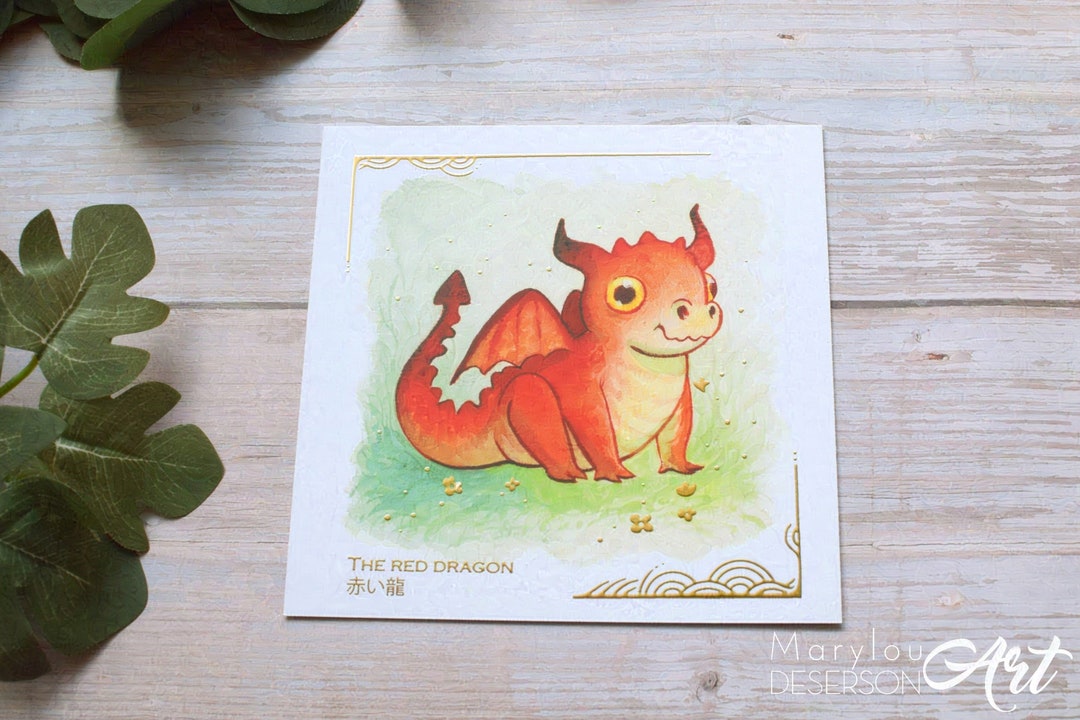 Derpy Red Dragon Art Print With Gold Foil High Quality Paper Home Decor ...