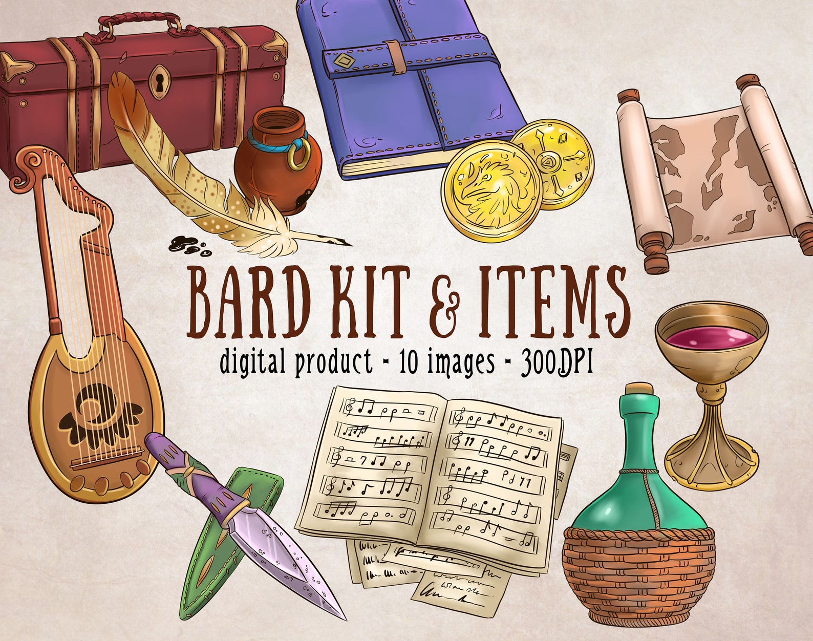 Adventure Kit Clipart, Dungeons and Dragons Bard Scrapbooking Set ...