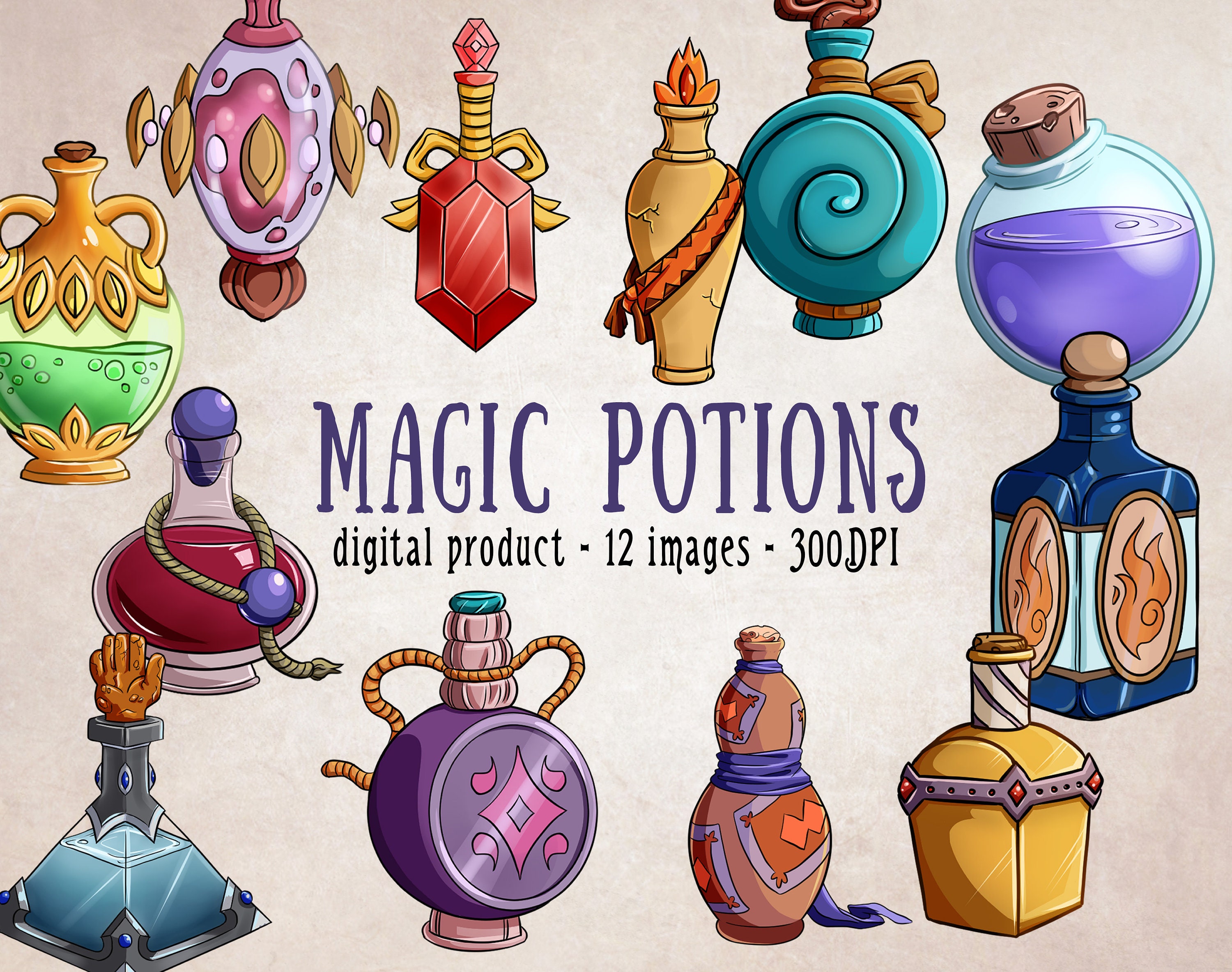 Magical Potions Clipart, Printable Witchy Scrapbooking, Magic Bottles ...