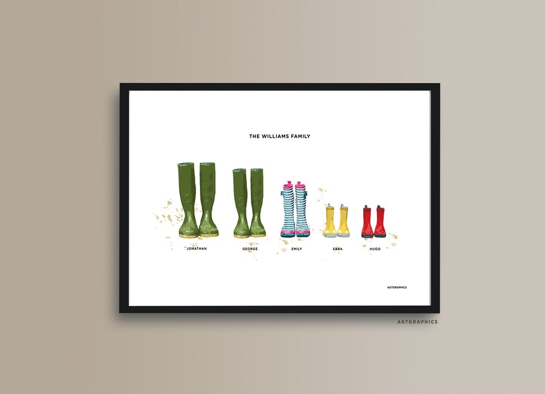 Personalised Family Welly Boot Art Print| Pets and Family| Wellington ...