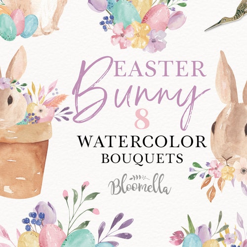 Cute Easter Watercolor Clipart Bunny Flowers Eggs Clip Art - Etsy