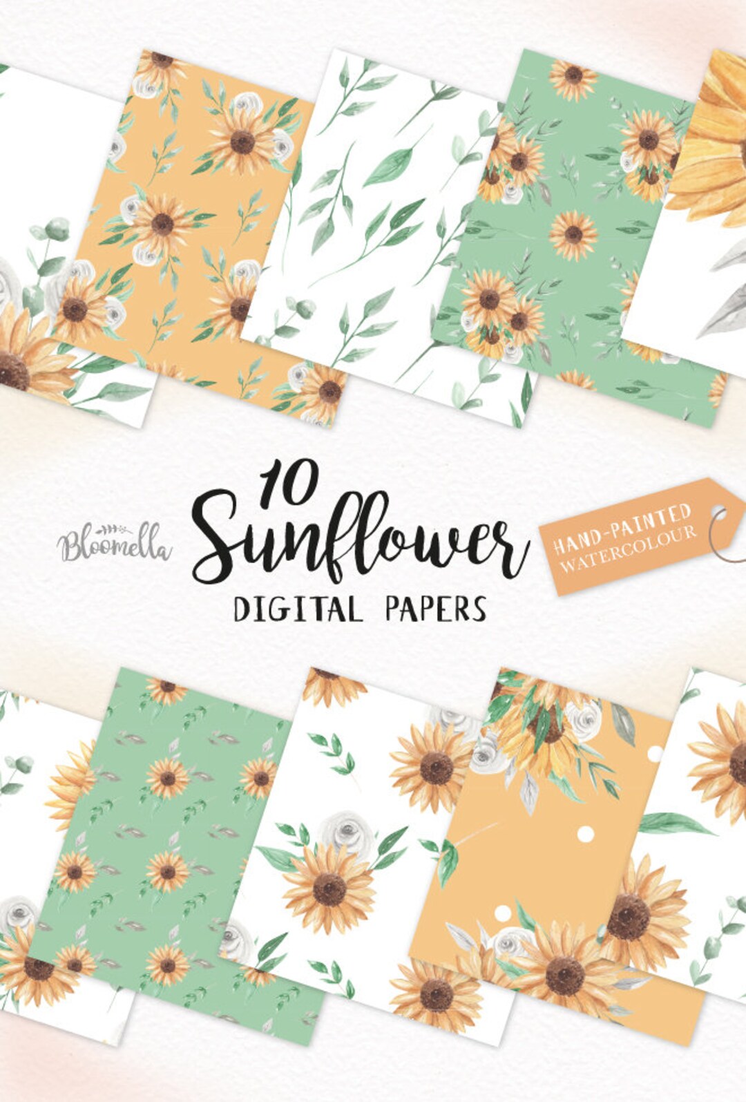 Sunflower Digital Papers Flower Patterns Hand Painted INSTANT DOWNLOAD ...