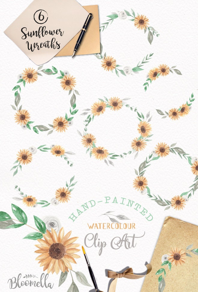 Sunflower Watercolor Package 55 Pieces Blooms Wedding Clipart | Etsy