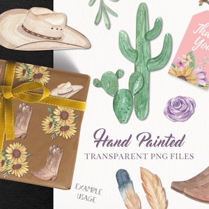 Western Watercolour Clipart Cowboy Cowgirl Boot Sunflowers Cactus ...
