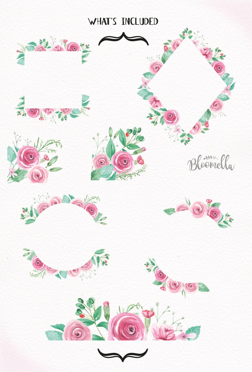 7 Watercolour Rose Flower Frame Pink Clipart Floral Hand | Etsy