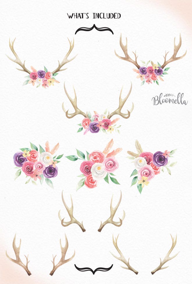 Watercolour Antlers Floral Clipart 9 Bouquets Arrangements Stag Blooms ...