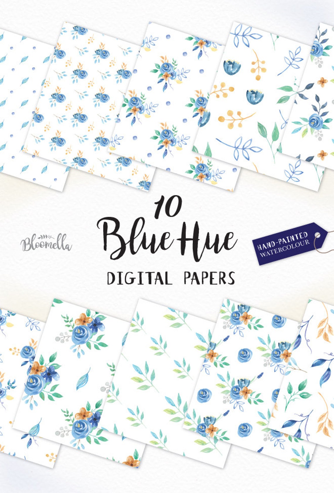 Blue Hue Patterns Blooms Digital Papers Hand Painted INSTANT | Etsy