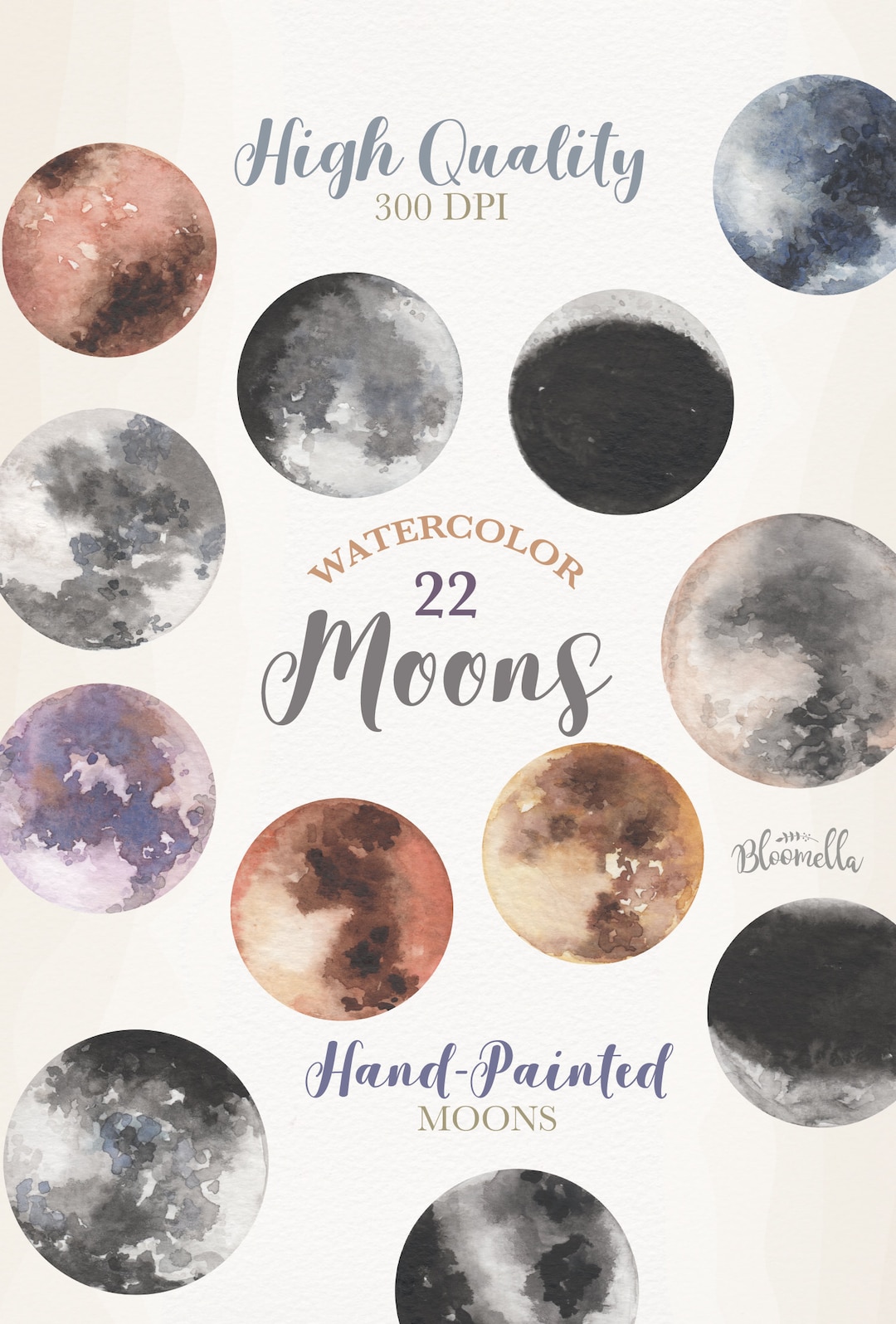 Moons Watercolour 12 Clipart Elements - Lunar Hand Painted INSTANT ...