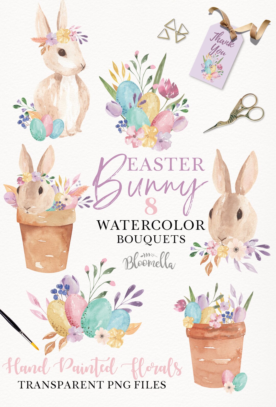 Watercolor Easter Bunny Clipart 8 Bouquets Florals Eggs Feathers Blooms ...