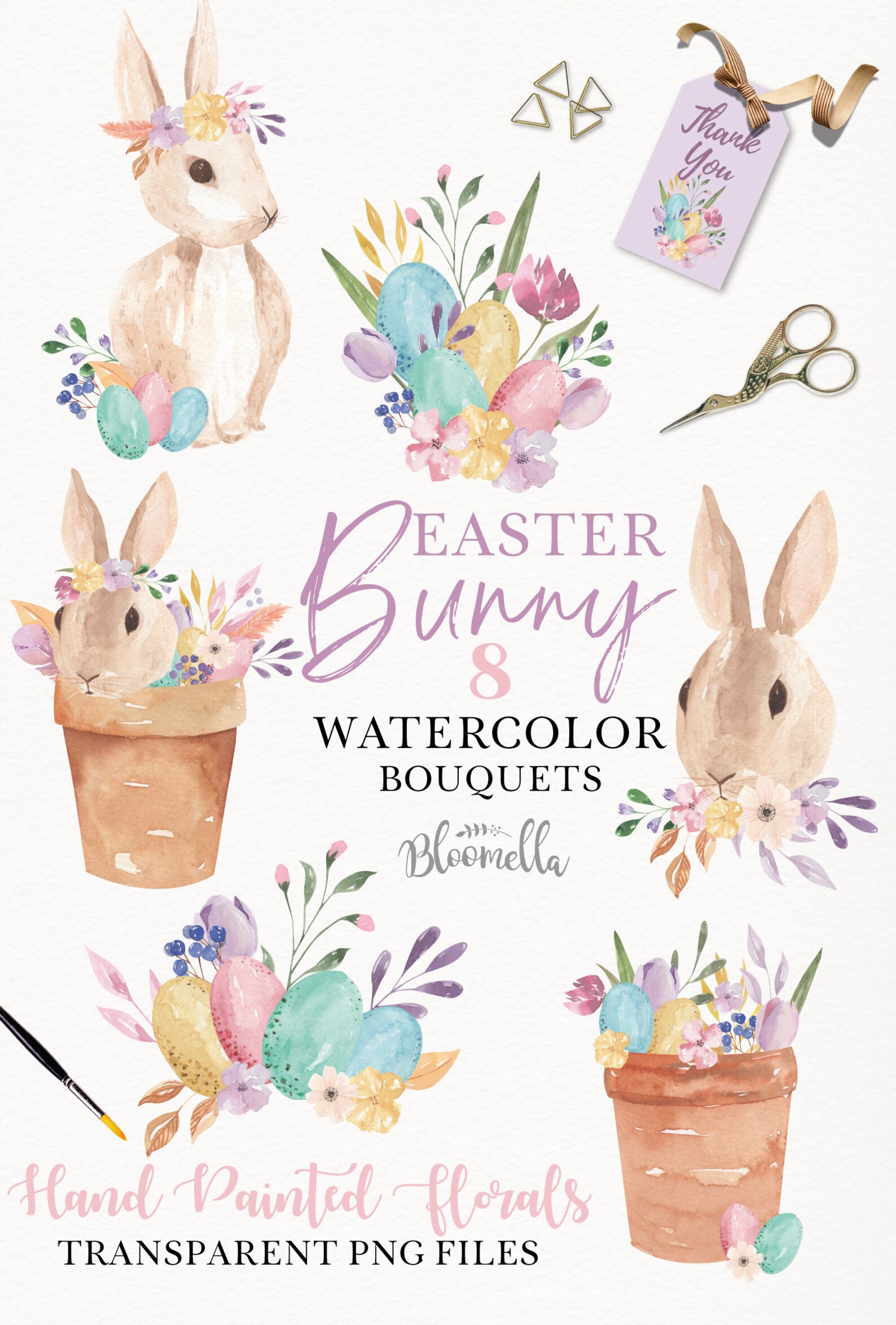 Watercolor Easter Bunny Clipart 8 Bouquets Florals Eggs - Etsy